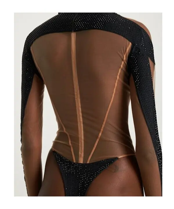 MUGLER High Neck Embellished Tulle Knit Bodysuit