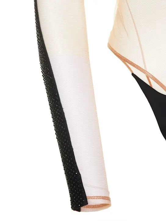 MUGLER High Neck Embellished Tulle Knit Bodysuit