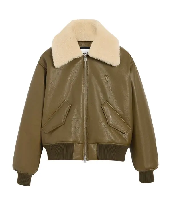 Ami Cropped Zip-up Shearling Collar Jacket
