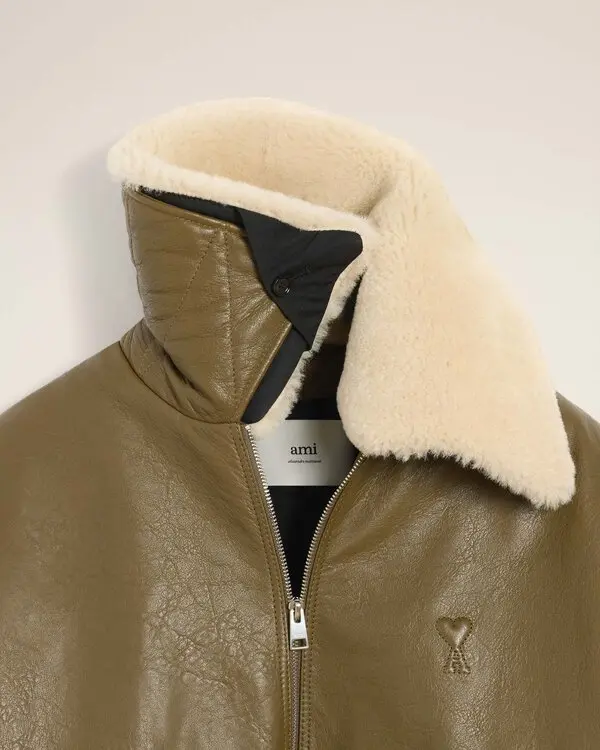 Ami Cropped Zip-up Shearling Collar Jacket