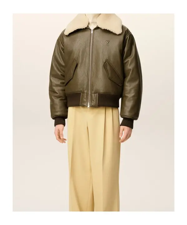 Ami Cropped Zip-up Shearling Collar Jacket