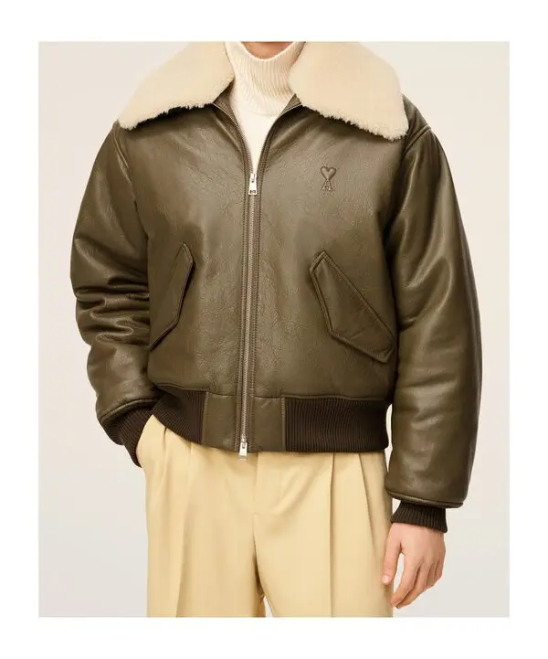 Ami Cropped Zip-up Shearling Collar Jacket