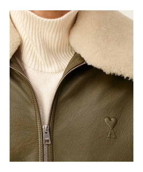 Ami Cropped Zip-up Shearling Collar Jacket