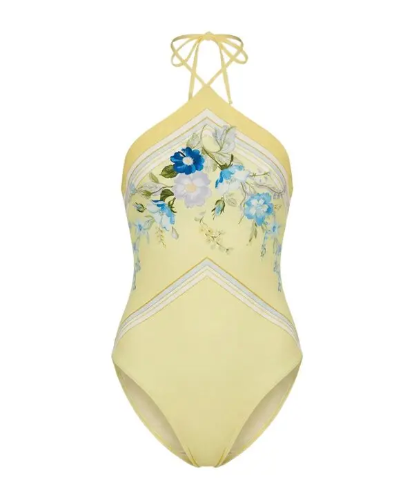 SELF-PORTRAIT Floral Print Halterneck Swimsuit - Yellow