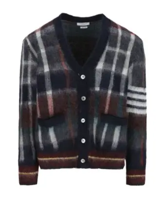 Thom Browne Plaid V-neck Cardigan With Logo Detail