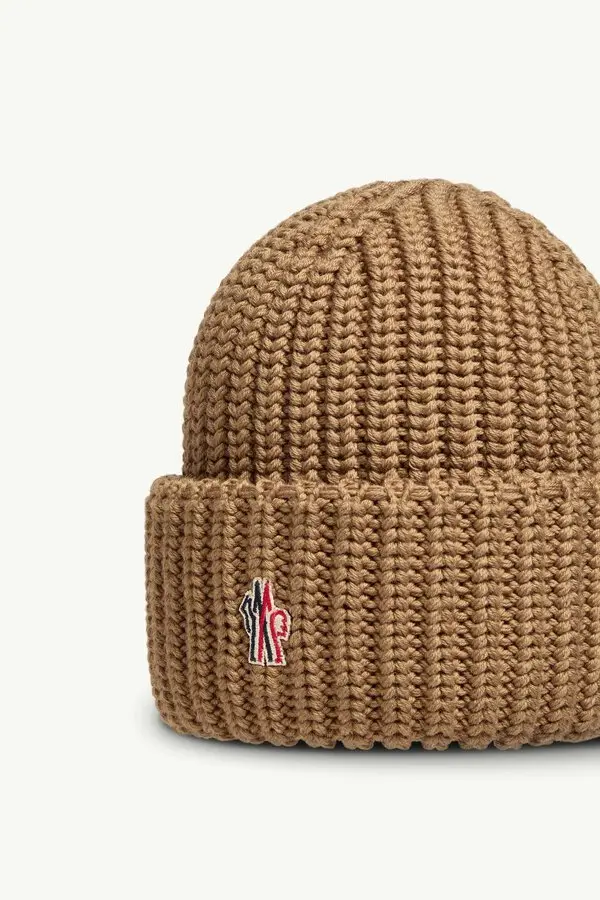 Moncler Logo Embroidered Beanie - Camel Beige