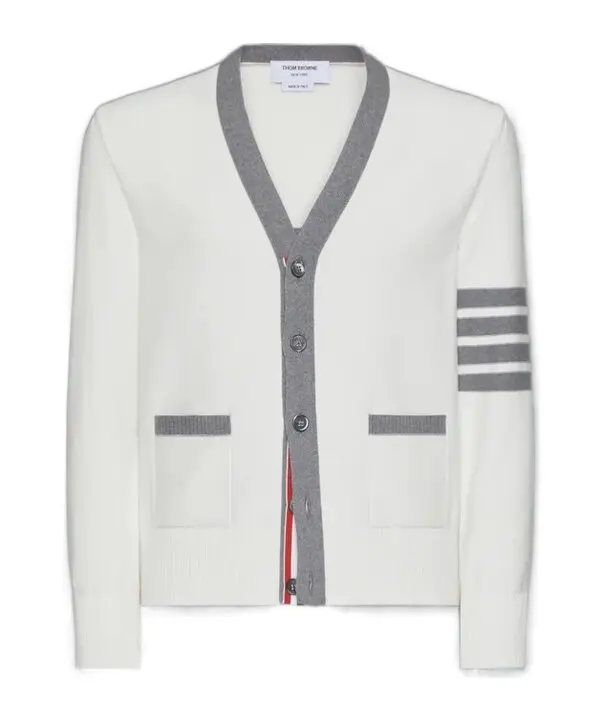 Thom Browne V-neck Knitted Cardigan With Signature Striped Placket And 4-bar Detailing - White