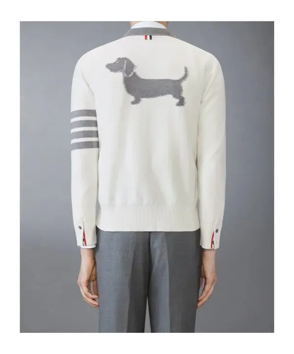 Thom Browne V-neck Knitted Cardigan With Signature Striped Placket And 4-bar Detailing - White