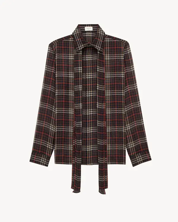 Saint Laurent Cassandre Tartan Shirt With Detachable Tie - Chestnut Red