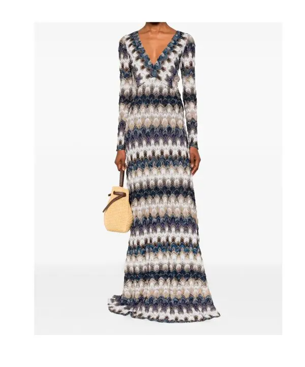 Missoni Maxi Dress With All-over Pattern And Long Sleeves - Black