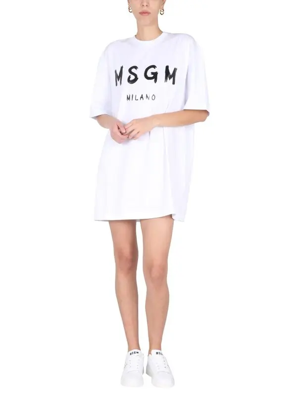 MSGM Logo Printed Crewneck T-shirt Dress - White