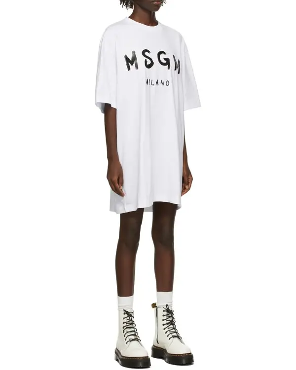 MSGM Logo Printed Crewneck T-shirt Dress - White