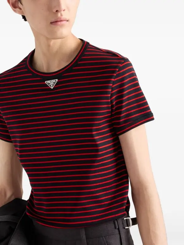 Prada Triangle Logo Striped Crewneck T-shirt