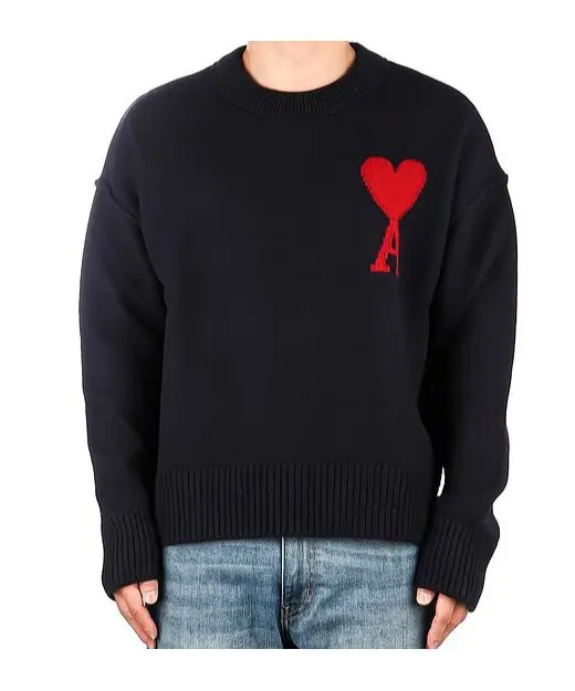 Ami Navy Crew Neck Sweater With Red De Coeur Logo