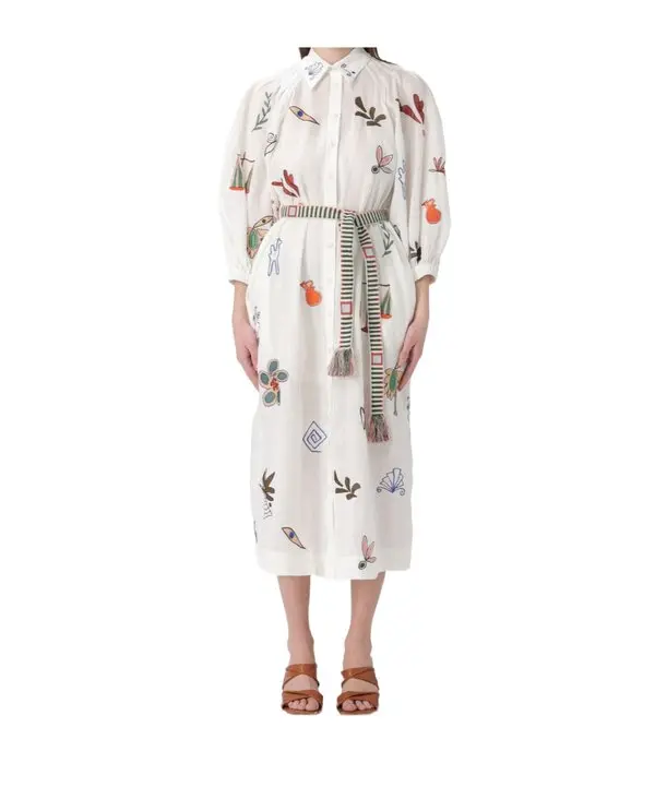 ALEMAIS Embroidered Midi Dress With Belt