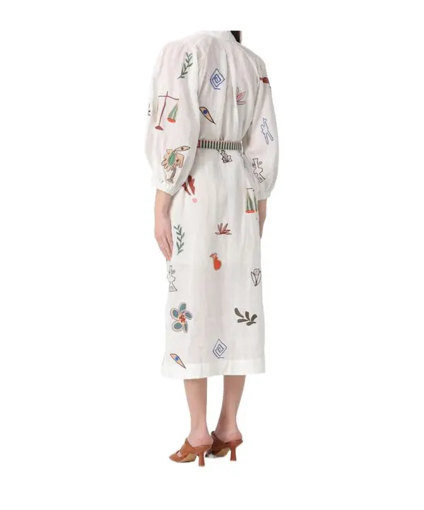 ALEMAIS Embroidered Midi Dress With Belt