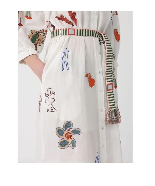 ALEMAIS Embroidered Midi Dress With Belt