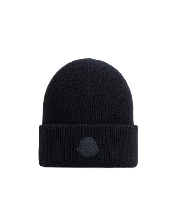 Moncler Leather Logo Cotton Cashmere Beanie - Dark Blue