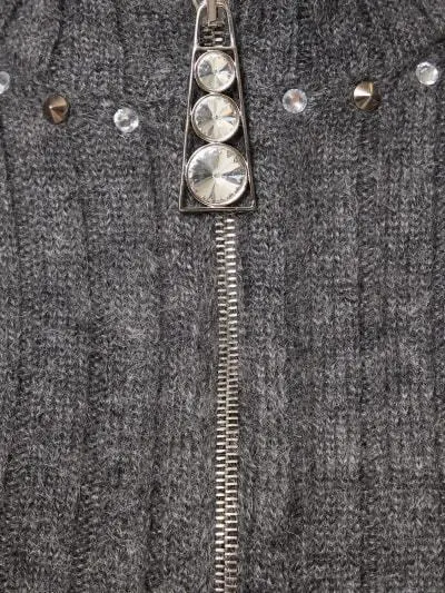 Alessandra Rich Cropped Zippered Cardigan With Crystal Embellishments