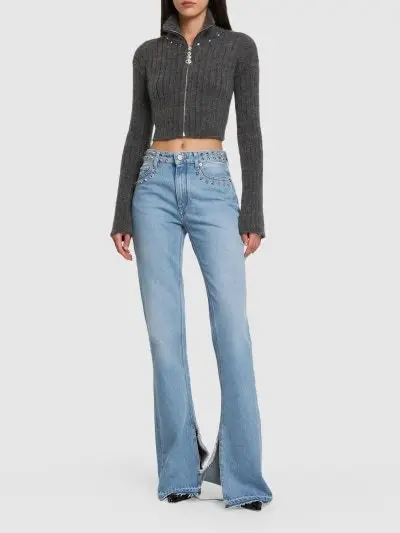Alessandra Rich Cropped Zippered Cardigan With Crystal Embellishments
