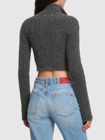 Alessandra Rich Cropped Zippered Cardigan With Crystal Embellishments