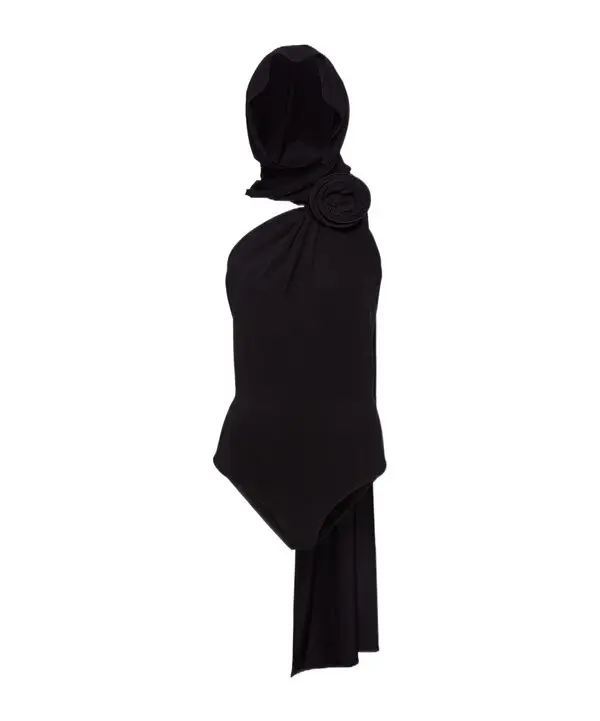 Magda Butrym Hooded Jumpsuit With Rose Applique - Black
