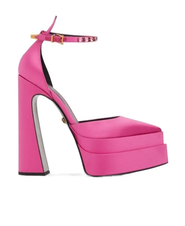 Versace Satin Platform High Heels With Embellished Ankle Strap