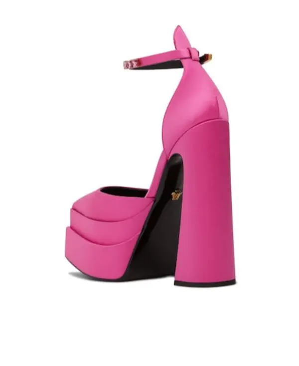 Versace Satin Platform High Heels With Embellished Ankle Strap