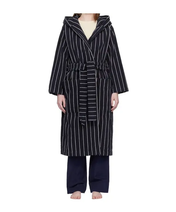 TEKLA Striped Hooded Bathrobe - Black