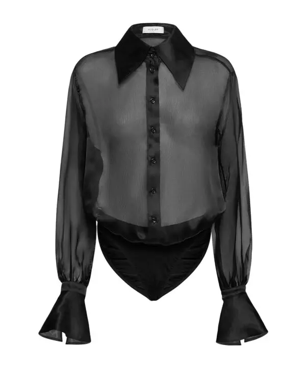 MUGLER Sheer Long-sleeve Button-front Jumpsuit