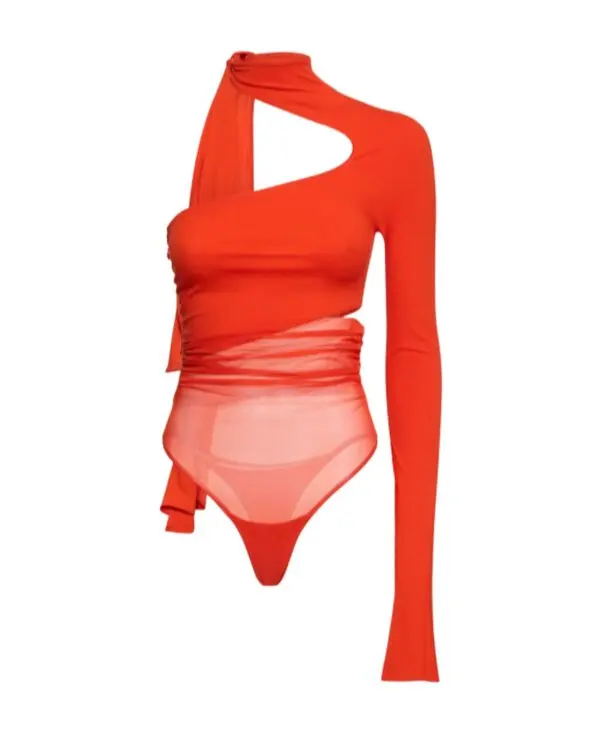 MUGLER Asymmetrical Jersey Mesh Jumpsuit