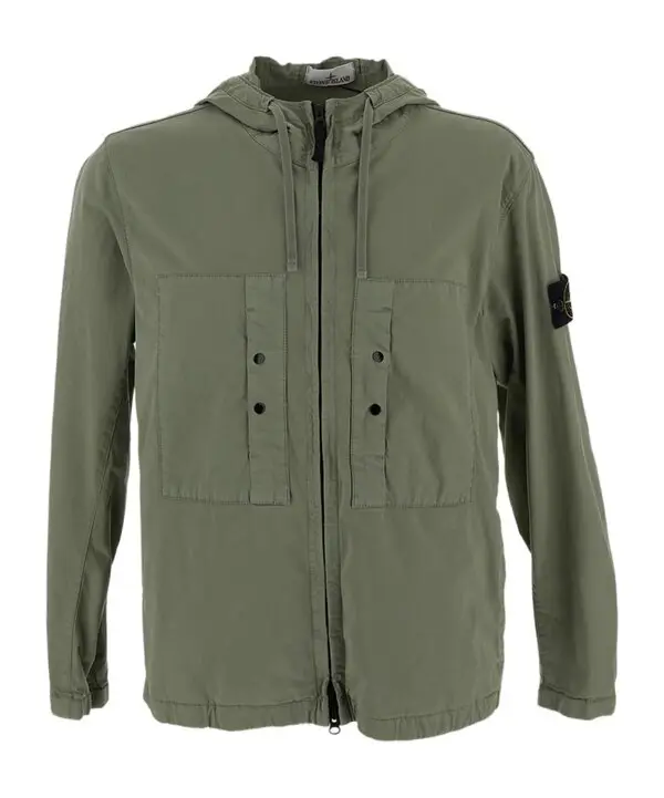 Stone Island Drawstring Hooded Zip-up Jacket - Sage