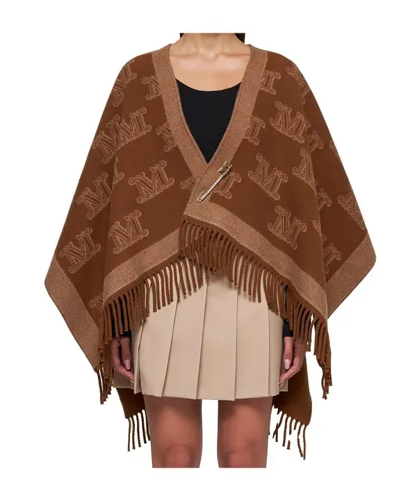 Max Mara All-over Logo Patterned Fringed Cape - Brown