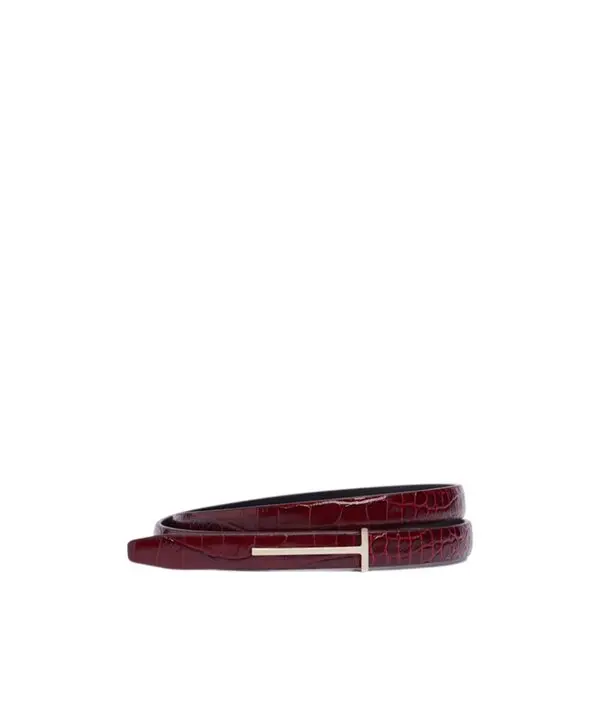 TOM FORD Croc Embossed Patent Leather Belt - Brown