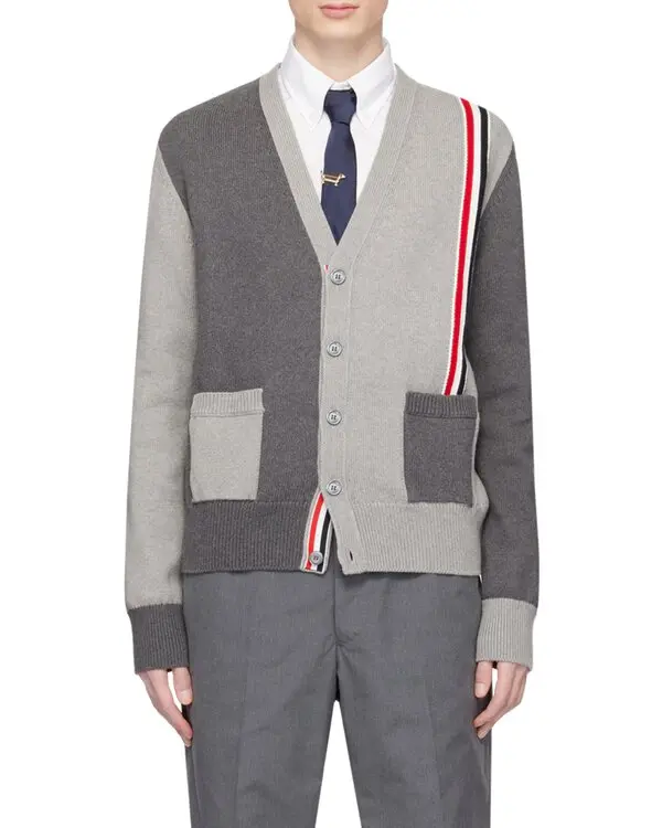 Thom Browne Color Block V-neck Cardigan With Striped Detail