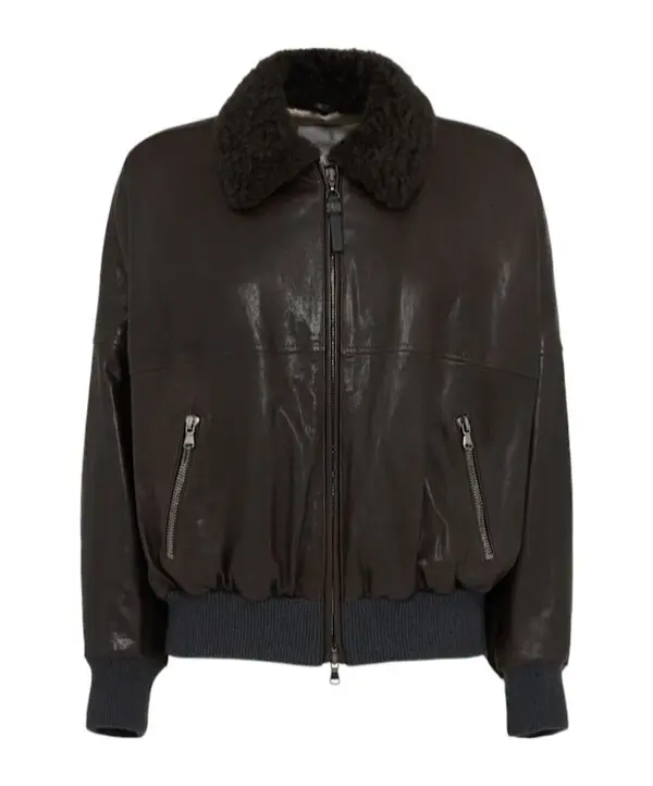 Brunello Cucinelli Leather Bomber Jacket With Fur Collar