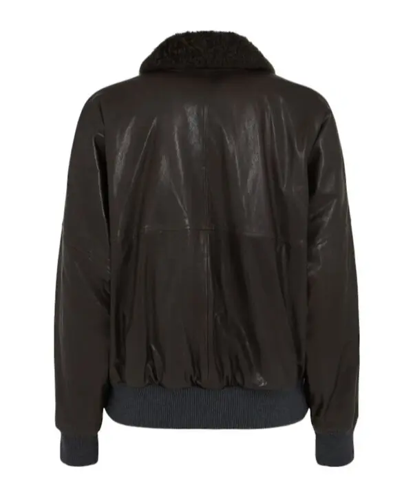 Brunello Cucinelli Leather Bomber Jacket With Fur Collar