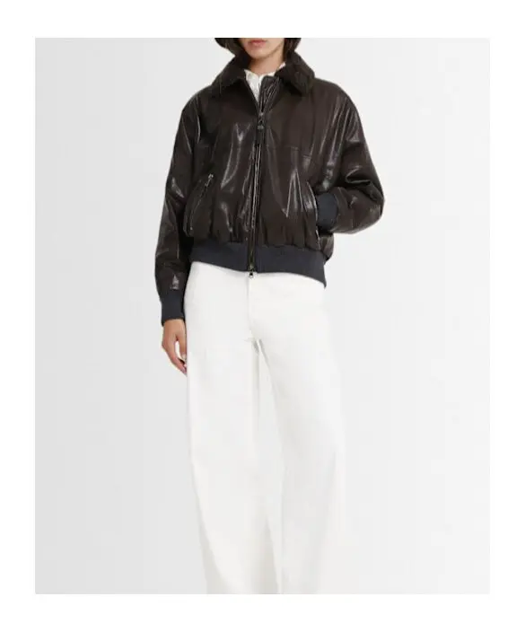 Brunello Cucinelli Leather Bomber Jacket With Fur Collar
