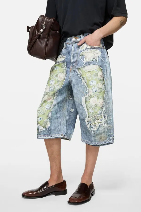 Acne Studios Floral Patchwork Distressed Denim Shorts