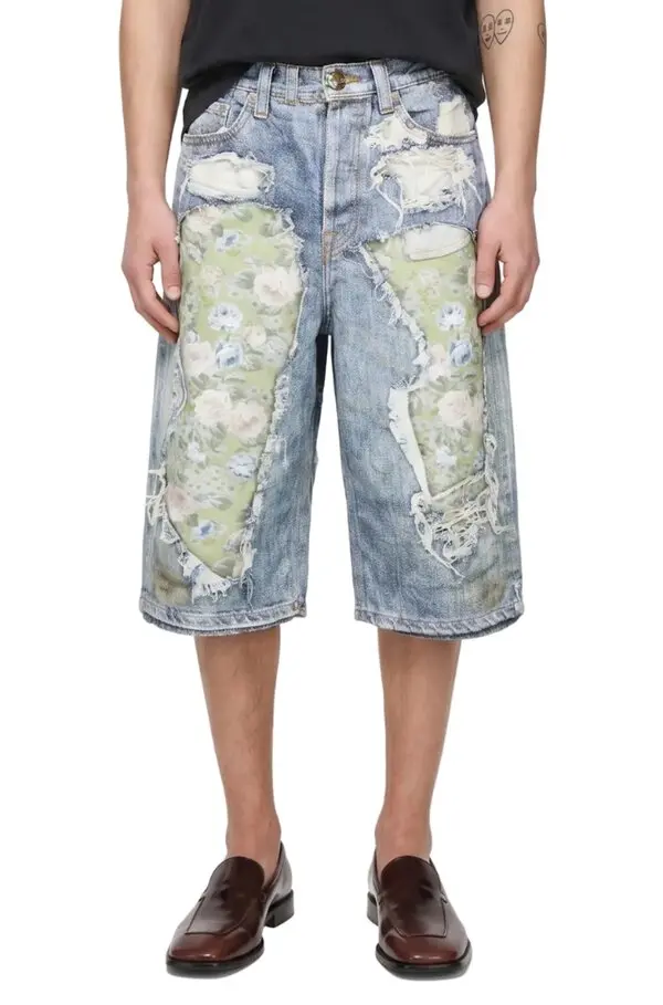 Acne Studios Floral Patchwork Distressed Denim Shorts