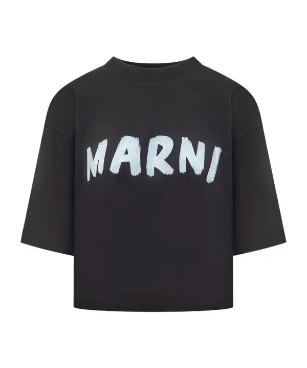Marni Logo Printed Crewneck Cropped T-shirt - Black
