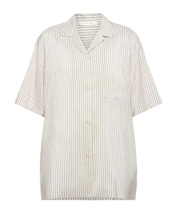 THE ROW Jorge Striped Silk Short Sleeve Shirt - White