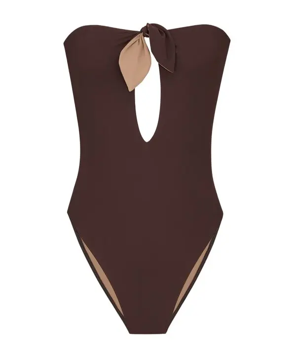 Saint Laurent Strapless Lace-up Swimsuit - Dark Brown/beige