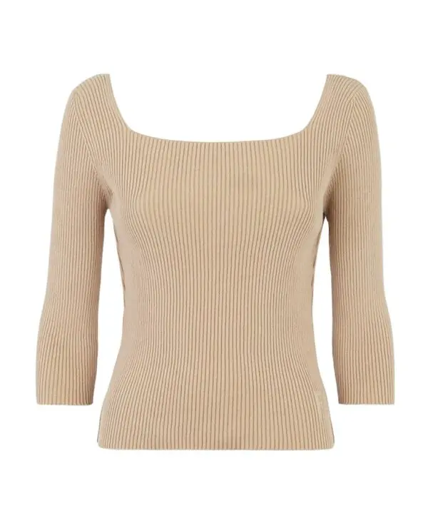 Fendi Square Neck Ribbed 3/4 Sleeve Top