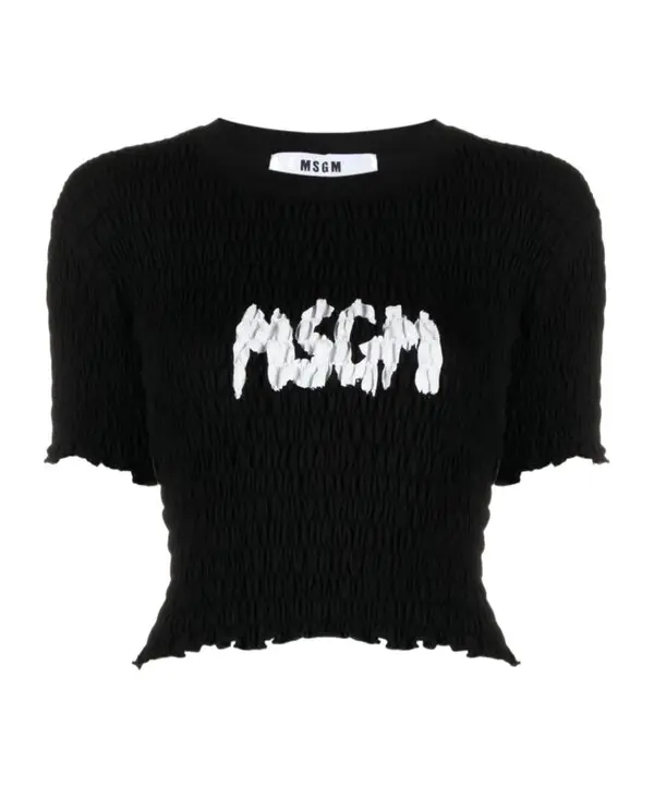 MSGM Cropped Smocked Logo Top