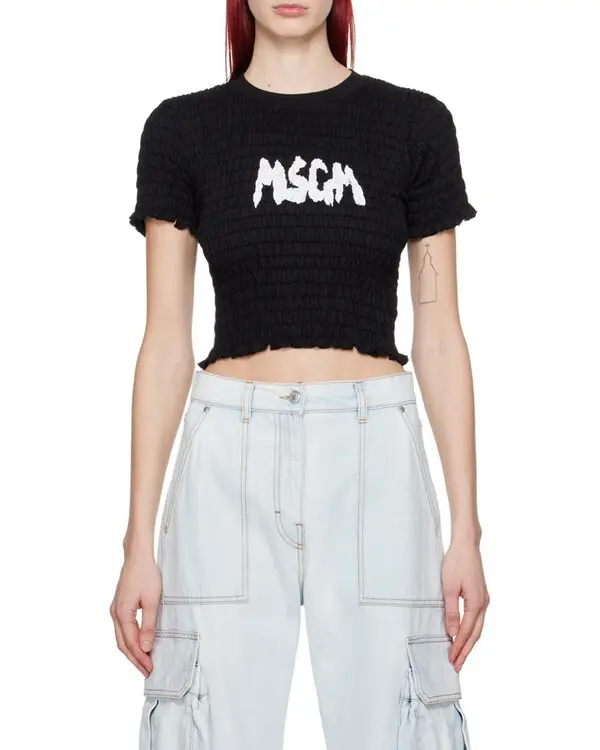 MSGM Cropped Smocked Logo Top