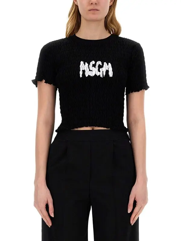 MSGM Cropped Smocked Logo Top