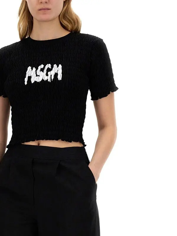 MSGM Cropped Smocked Logo Top