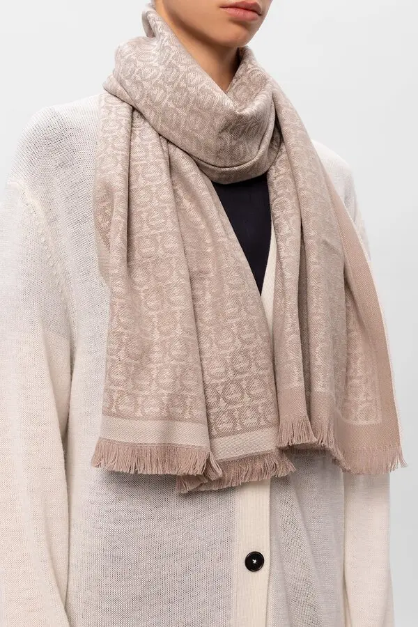 FERRAGAMO Gancini Patterned Fringed Scarf - Nude