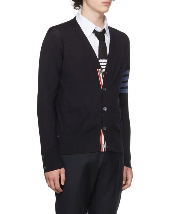 Thom Browne V-neck Cardigan With Signature Stripes - Navy Blue